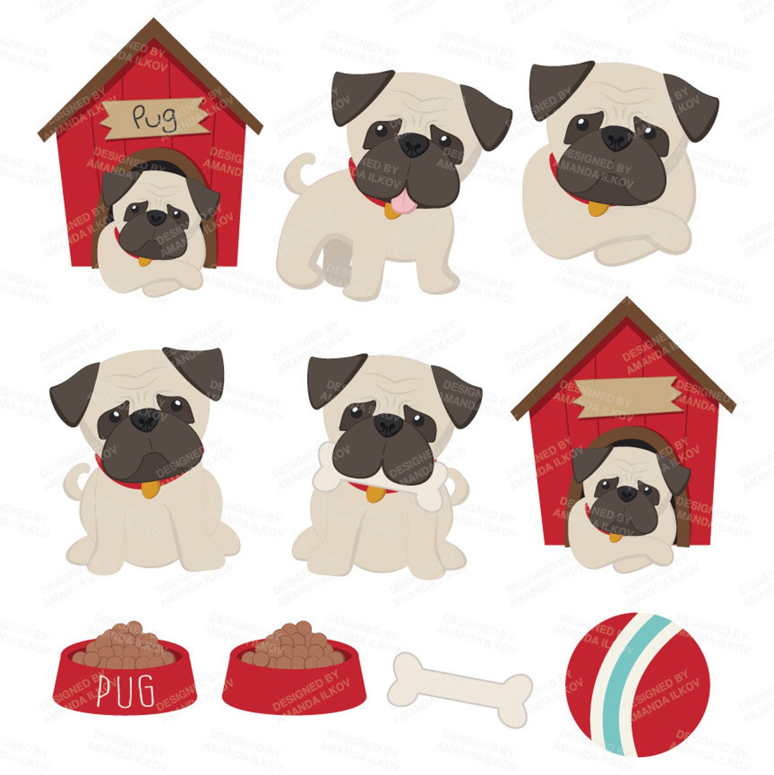 Professional Cute Pug Clipart, Vectors & Digital Papers - Cute Pug Clip ...