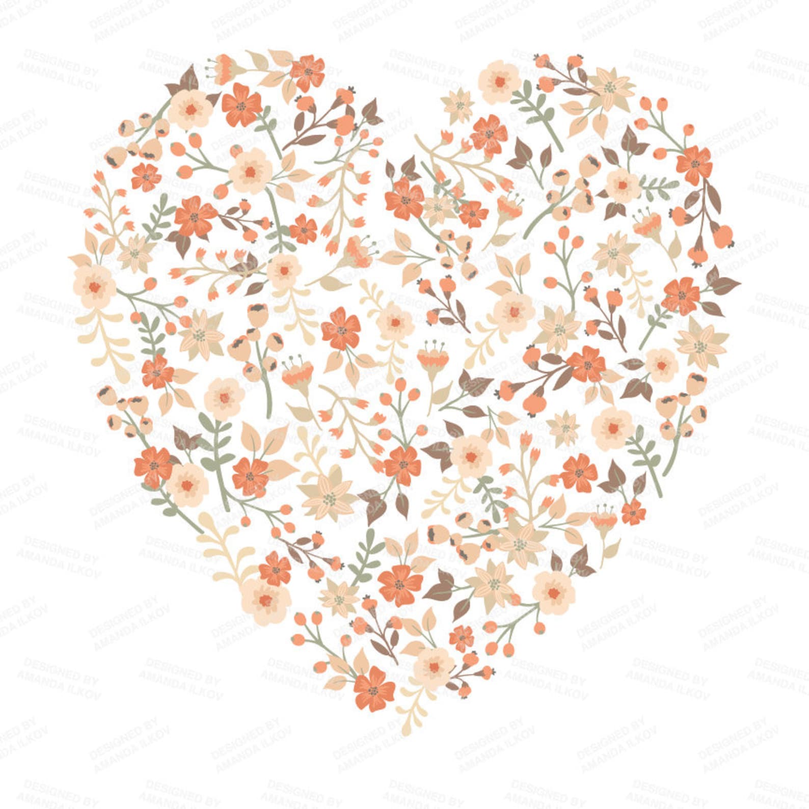 Professional Peach Floral Heart Clipart & Vectors Floral - Etsy