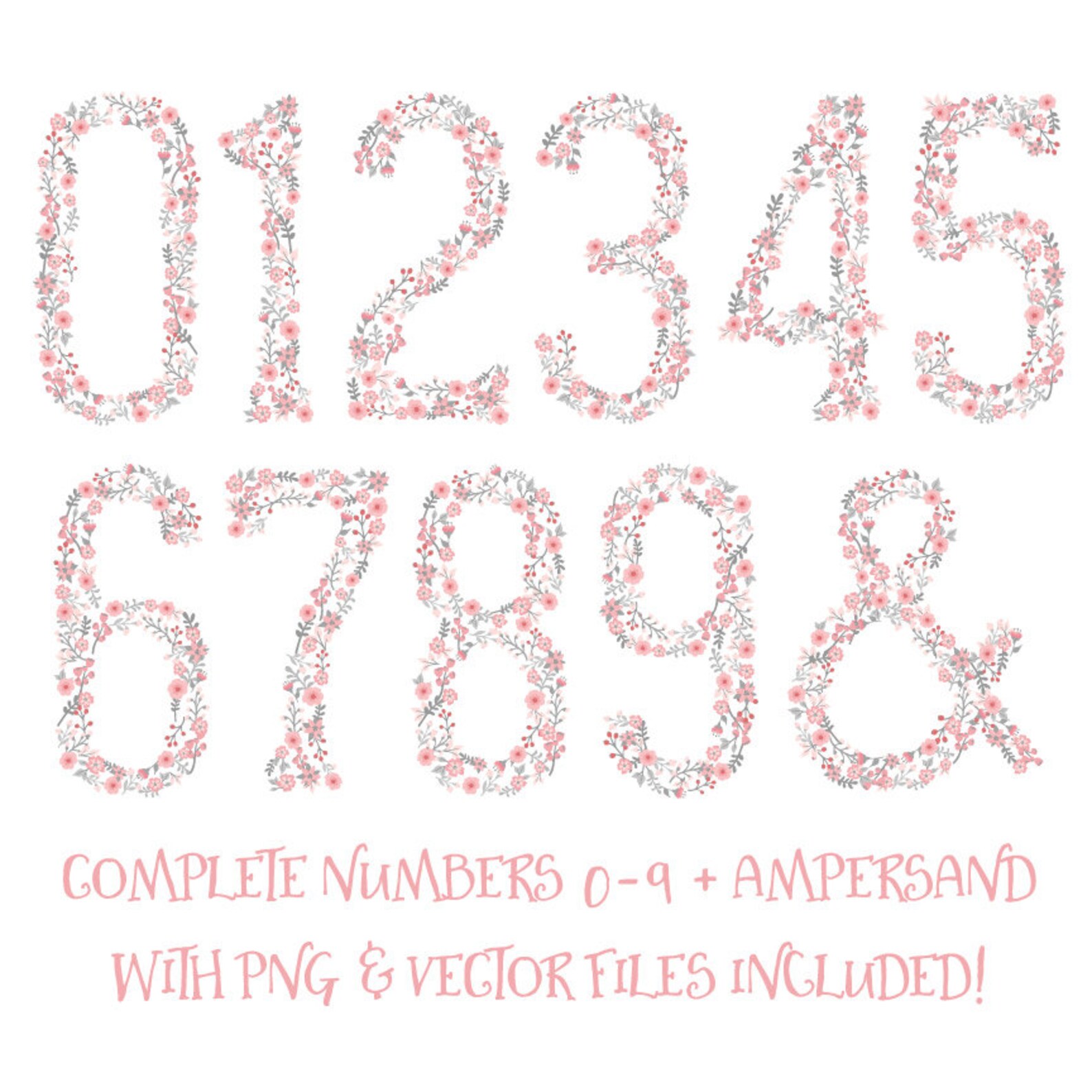 Premium Floral Numbers Clipart & Vectors in Pink and Grey - Etsy