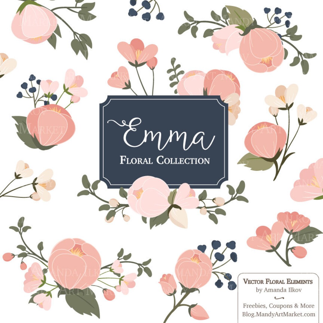 Emma Floral Bunches Clipart & Vectors Navy and Pink Flowers, Pink ...