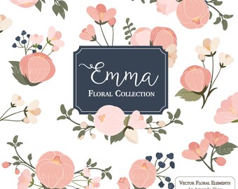 Emma Floral Bunches Clipart & Vectors Pink Flowers Pastel | Etsy