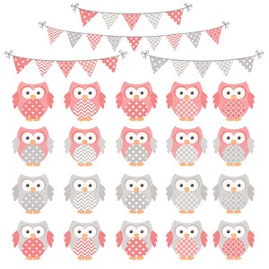 Premium Owl Clipart, Vectors & Digital Papers in Coral With Grey ...
