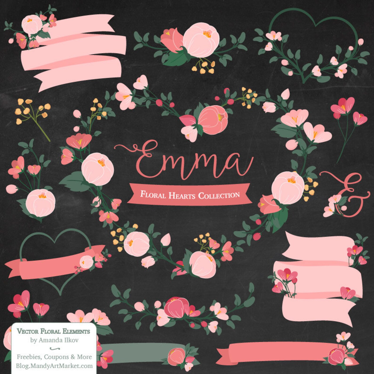 Emma Floral Heart Clipart & Vectors in Rose Garden pink - Etsy México