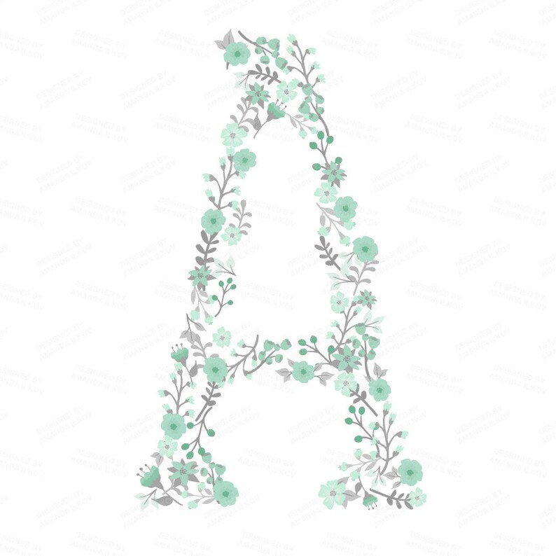 Professional Floral Alphabet Clipart & Vectors Mint and Grey - Etsy