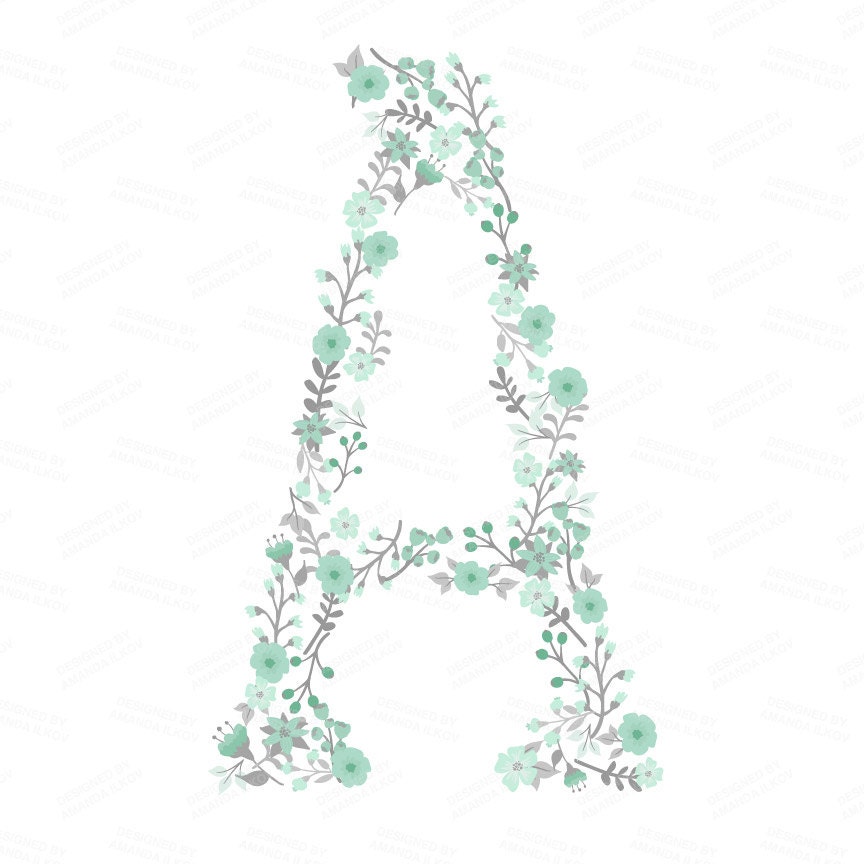 Professional Floral Alphabet Clipart & Vectors Mint and Grey - Etsy