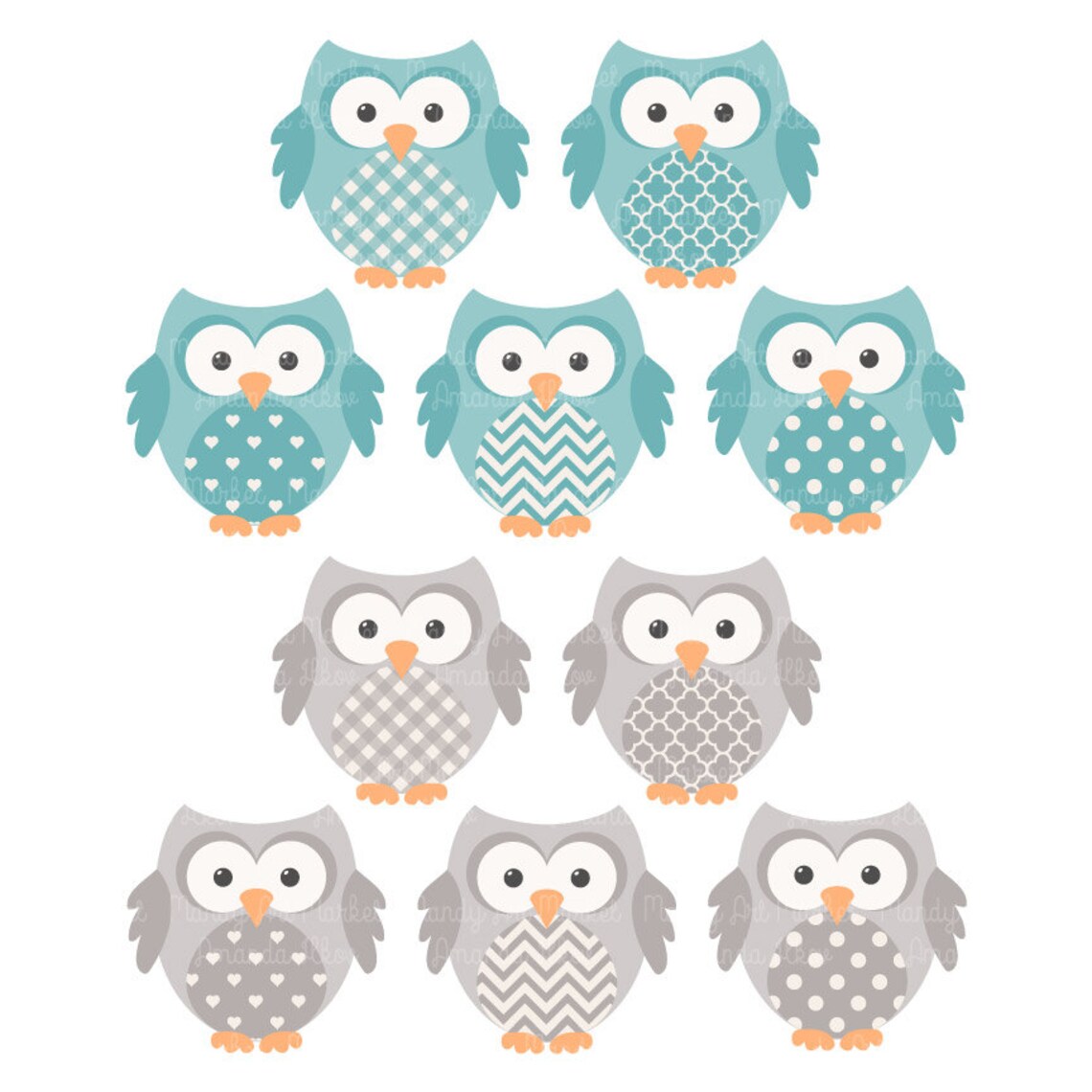 Premium Owl Clipart Vectors & Digital Papers in Vintage Blue - Etsy