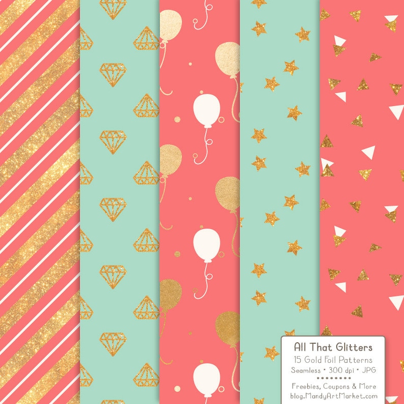 Premium Gold Foil Mint & Coral Digital Papers Party - Etsy