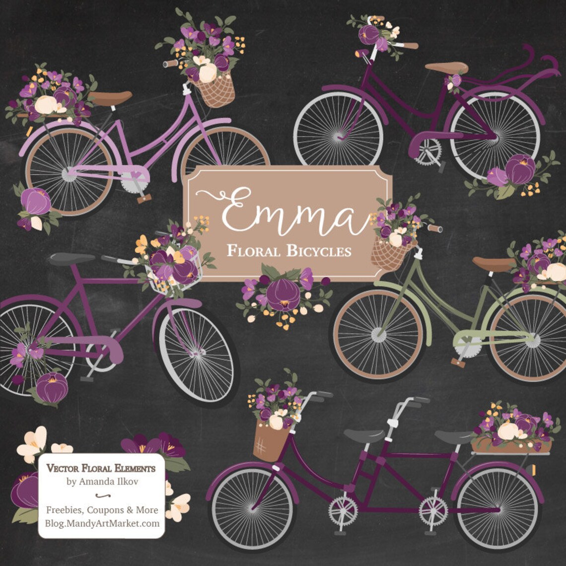 Emma Floral Bicycle Clipart & Vectors in Plum Plum Bicycles - Etsy