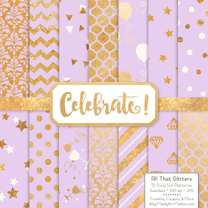 Premium Gold Foil Lavender Digital Papers - Party Patterns, Party ...