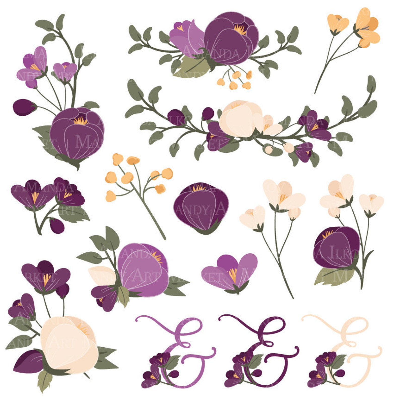 Emma Floral Heart Clipart & Vectors in Plum Plum Flowers | Etsy