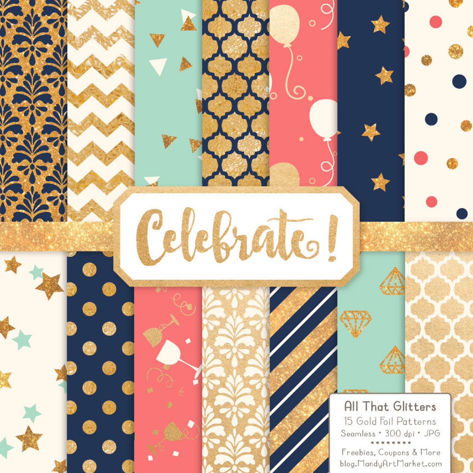 Premium Gold Foil Modern Chic Digital Papers - Party Patterns, Party ...