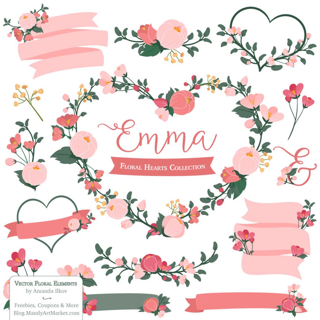 Emma Floral Heart Clipart & Vectors in Rose Garden - Pink Flowers, Rose ...