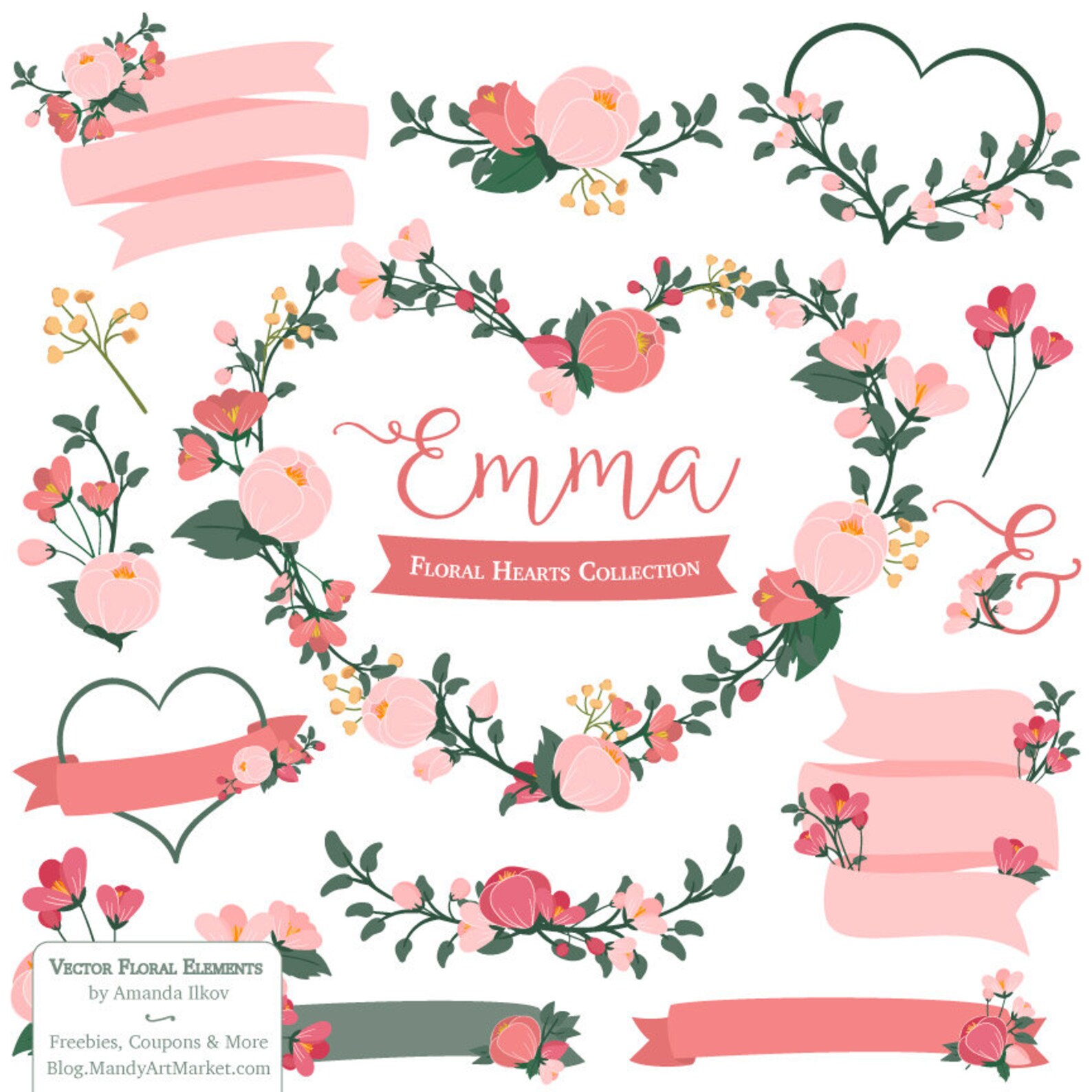 Emma Floral Heart Clipart & Vectors in Rose Garden pink - Etsy México