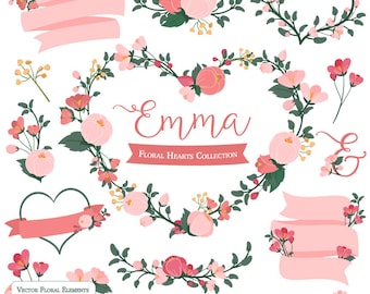 Emma Floral Heart Clipart & Vectors in Wildflowers Pink | Etsy