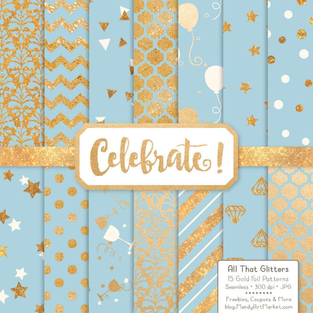 Premium Gold Foil Soft Blue Digital Papers Party Patterns, Party ...