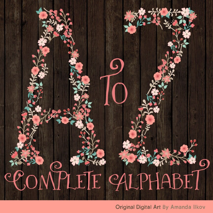 Professional Floral Alphabet Clipart & Vectors Coral and - Etsy