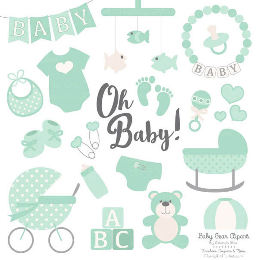 Premium Oh Baby Clipart & Vectors Set in Mint Mint Green Baby Clipart ...