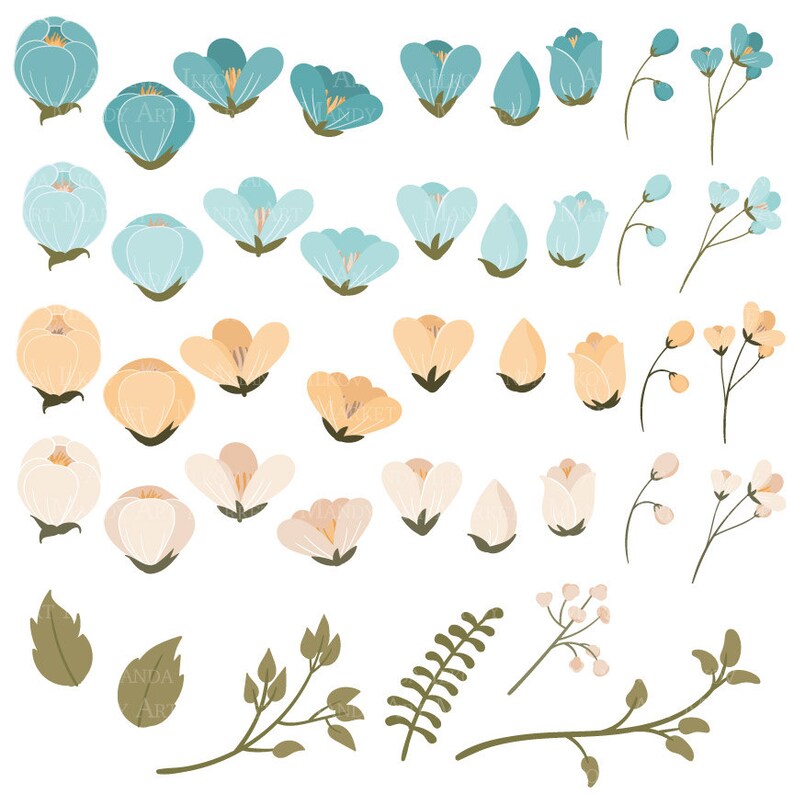 Emma Floral Bunches Clipart & Vectors Vintage Flowers Teal - Etsy