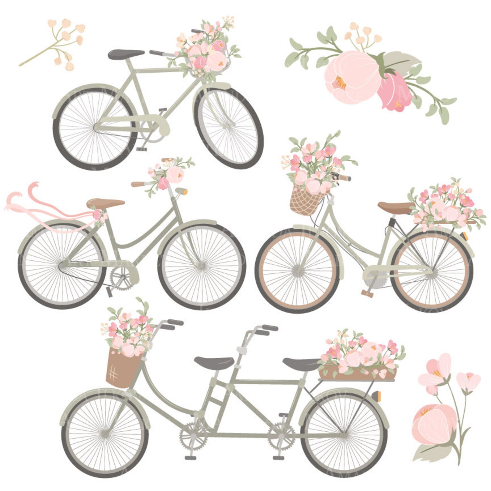 Emma Floral Bicycle Clipart & Vectors in Soft Pink Rose | Etsy
