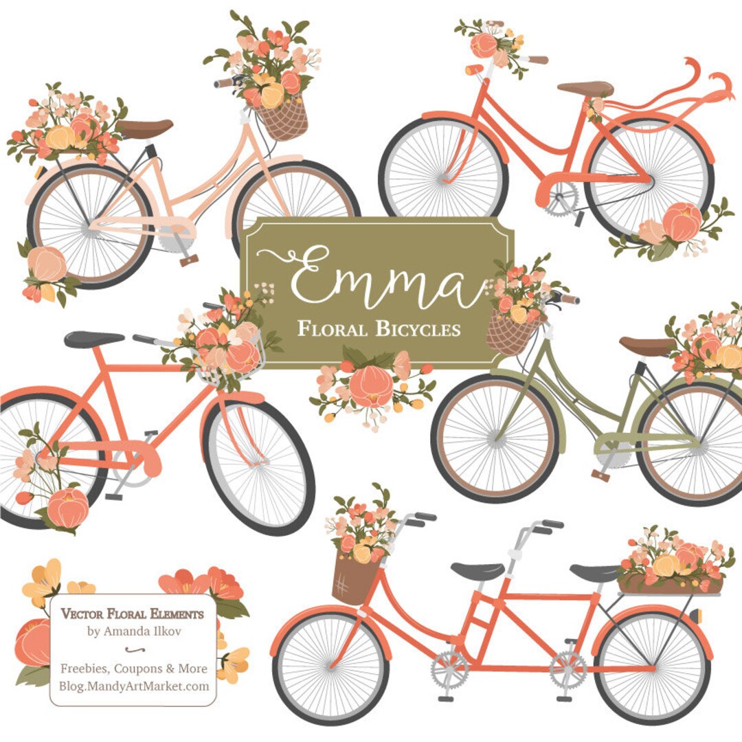 Emma Floral Bicycle Clipart & Vectors in Antique Peach Peach Bicycles ...