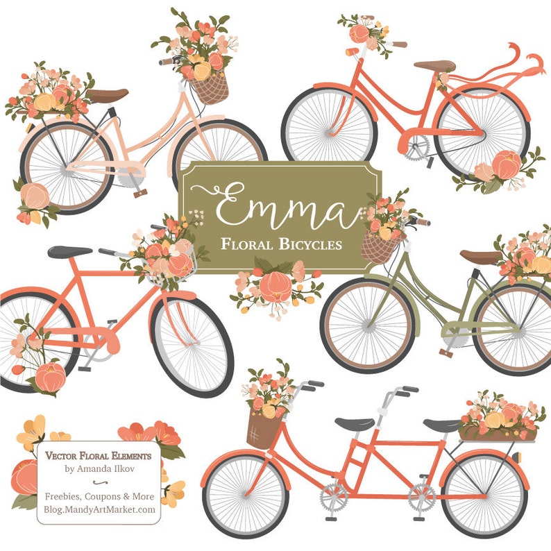 Emma Floral Bicycle Clipart & Vectors in Antique Peach Peach | Etsy