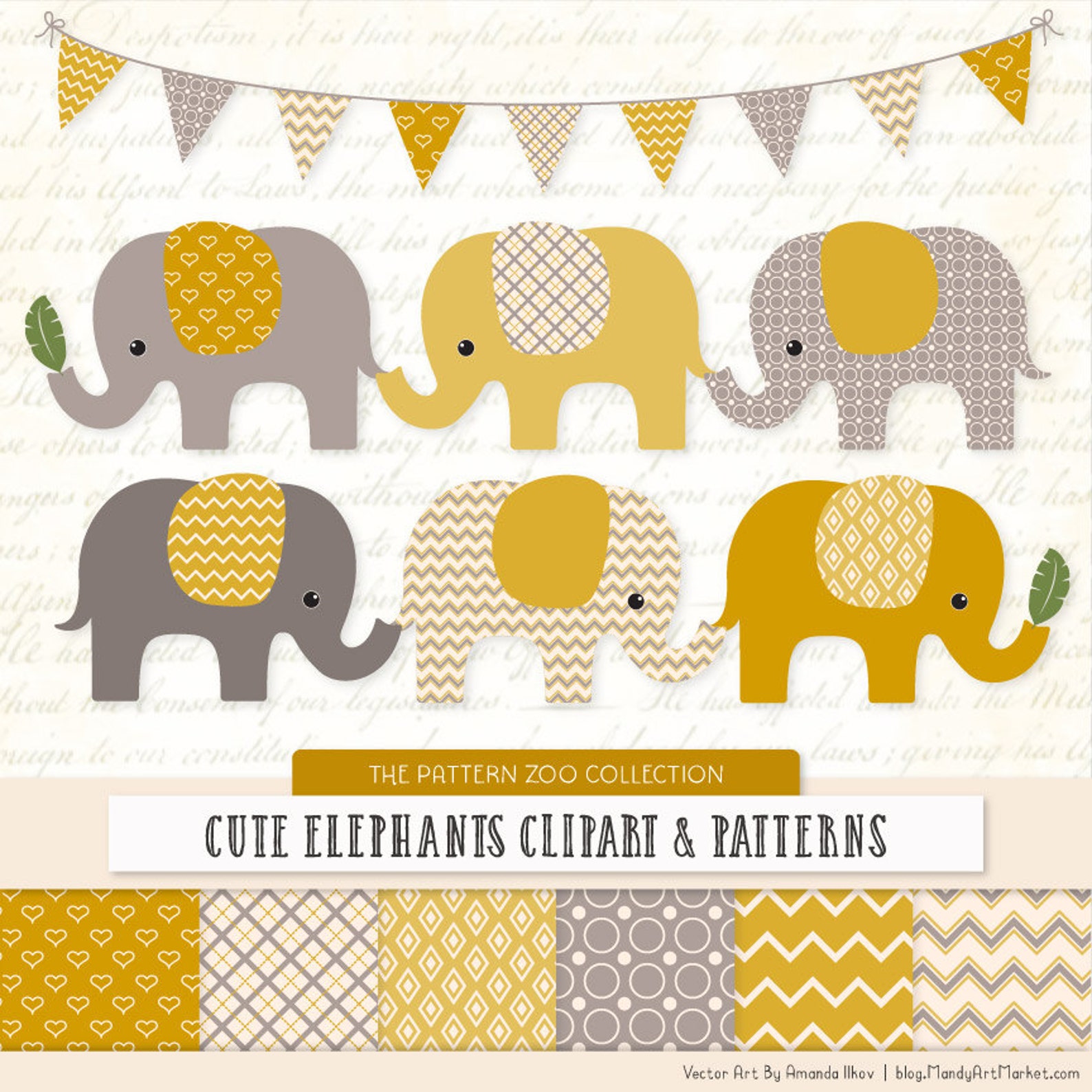 Patterned Mustard Elephants Clipart and Digital Papers - Yellow ...