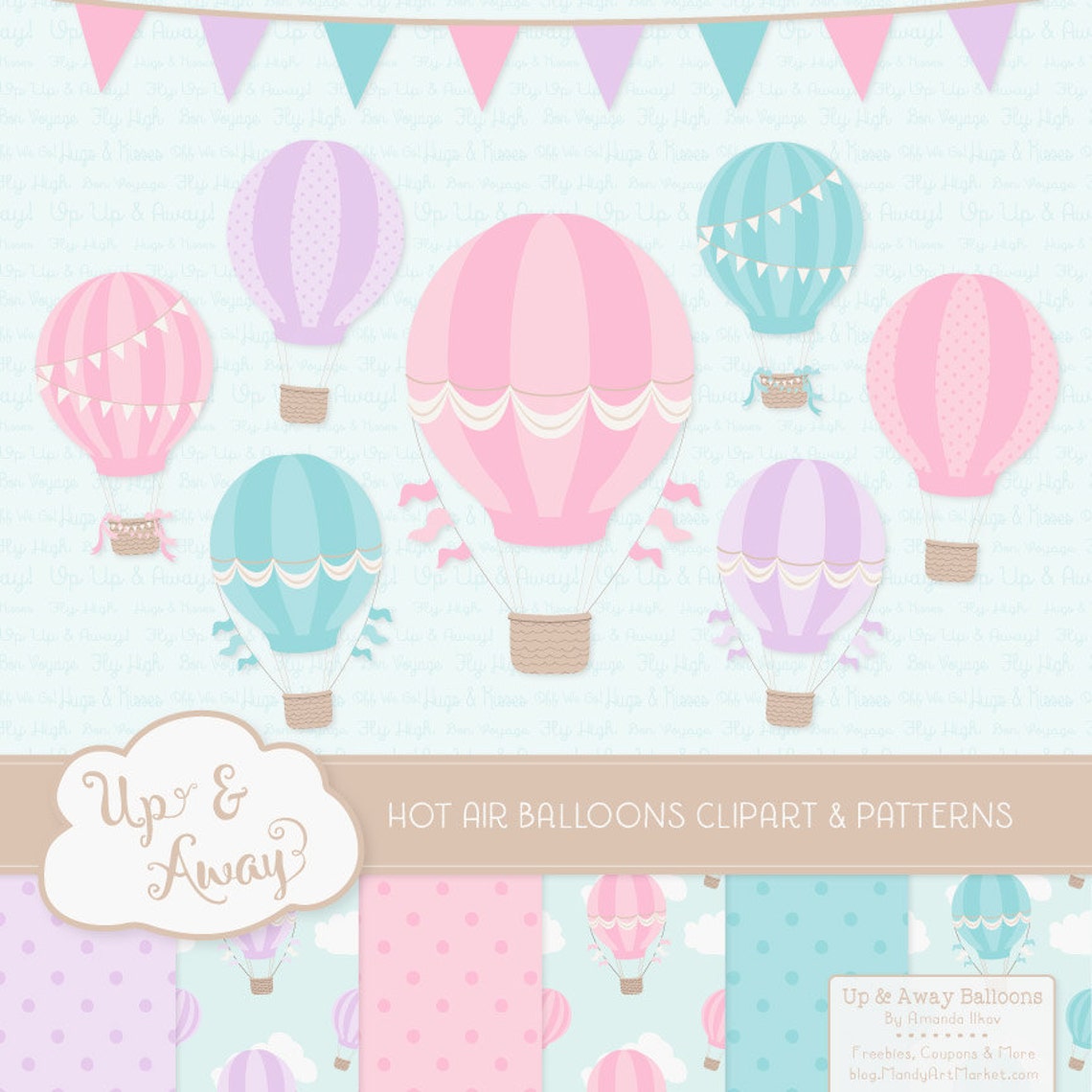 Fresh Girl Hot Air Balloons Clipart With Digital Papers - Bright Hot ...