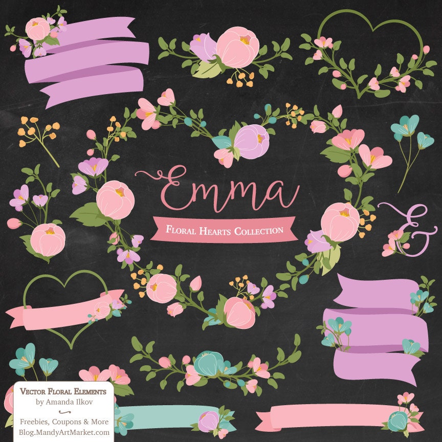 Emma Floral Heart Clipart & Vectors in Garden Party Purple | Etsy