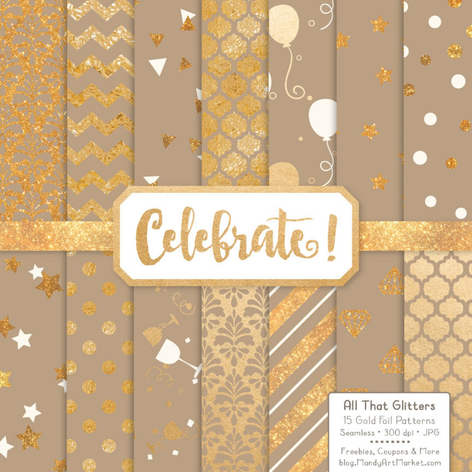 Celebrate Gold Foil Digital Papers in Champagne - Party Patterns, Party ...