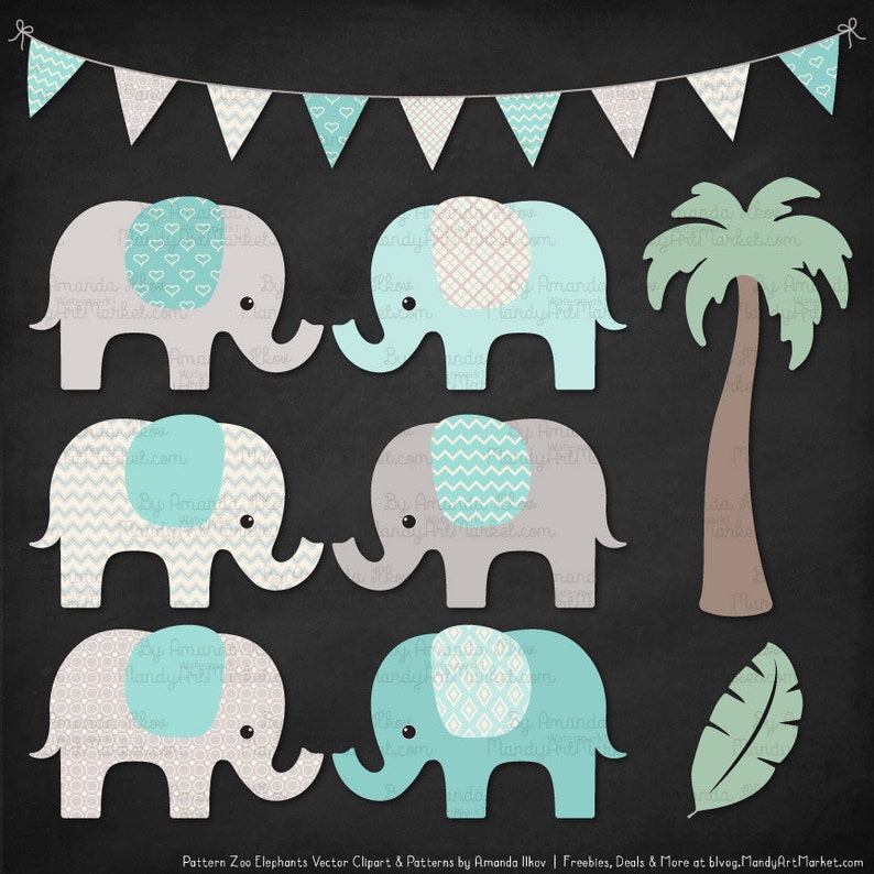 Patterned Aqua Elephants Clipart and Digital Papers - Aqua Elephant ...