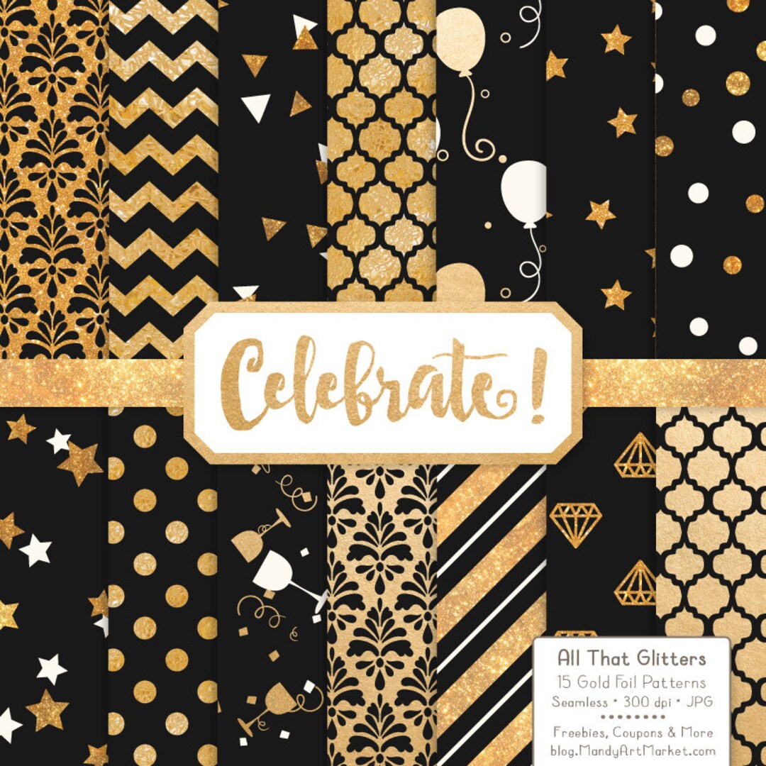 Celebrate Gold Foil Digital Papers in Black - Party Patterns, Party ...
