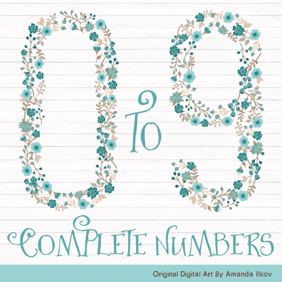 Premium Floral Numbers Clipart & Vectors in Vintage Blue - Teal Flower ...