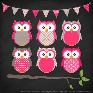 Patterned Hot Pink Owls Clipart and Digital Papers - Pink Owl Clipart ...