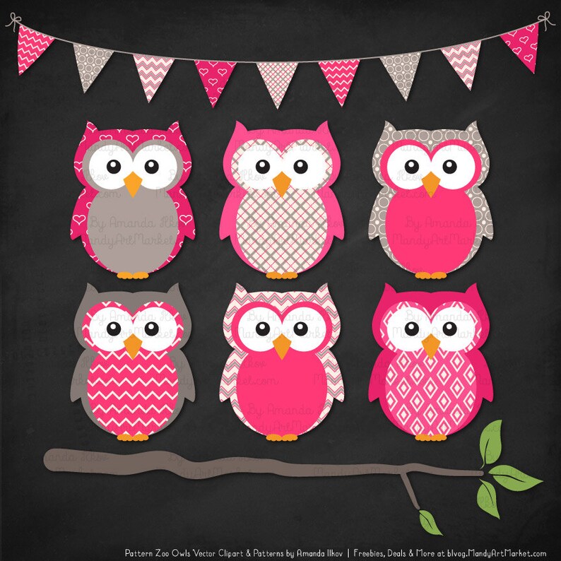Patterned Hot Pink Owls Clipart and Digital Papers Pink Owl | Etsy