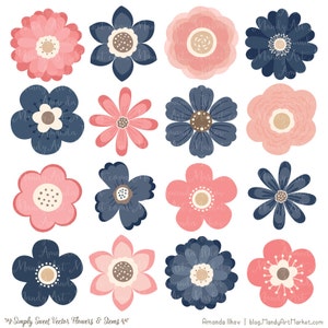 Cute Flowers Clipart in Navy & Blush - Navy and Blush Vector Flowers ...