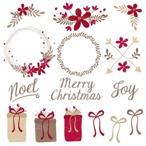 Red Christmas Wreath Clip Art & Red Christmas Digital Papers Set Ruby ...