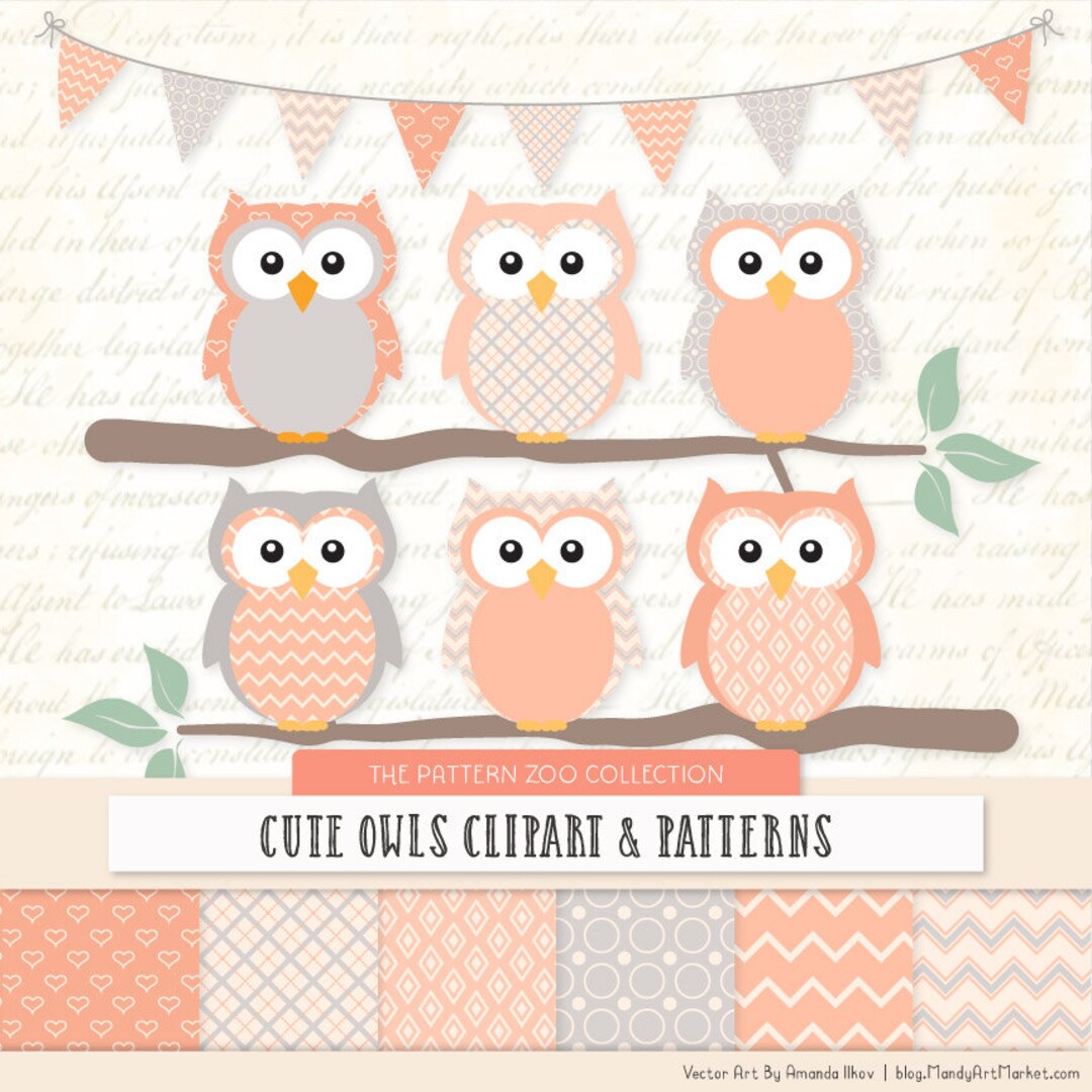Patterned Peach Owls Clipart and Digital Papers - Peach Owl Clipart ...