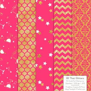 Premium Gold Foil Hot Pink Digital Papers - Party Patterns, Party ...