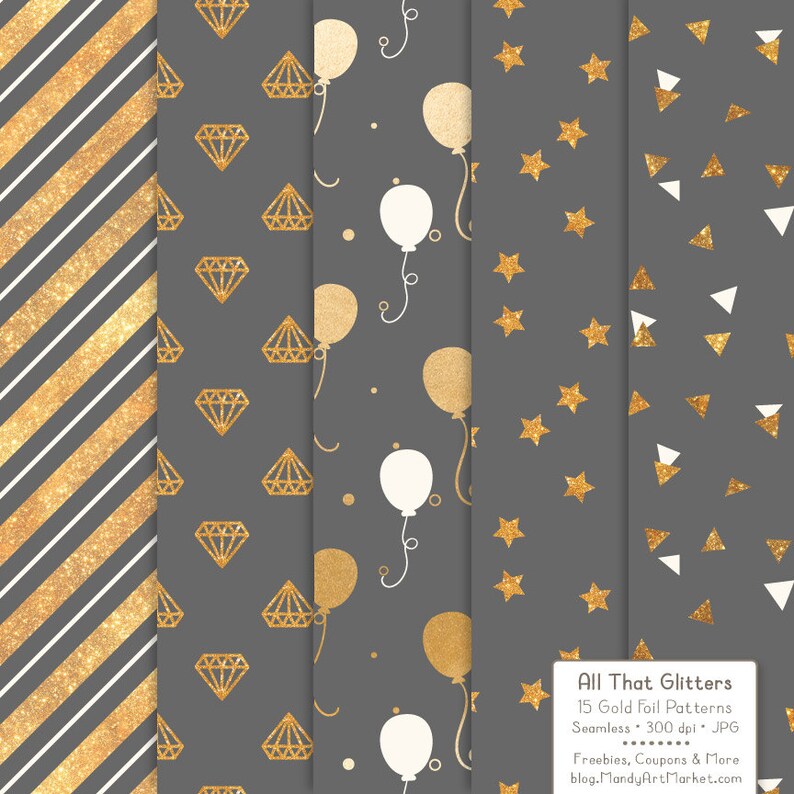 Celebrate Gold Foil Digital Papers in Grey Party Patterns | Etsy