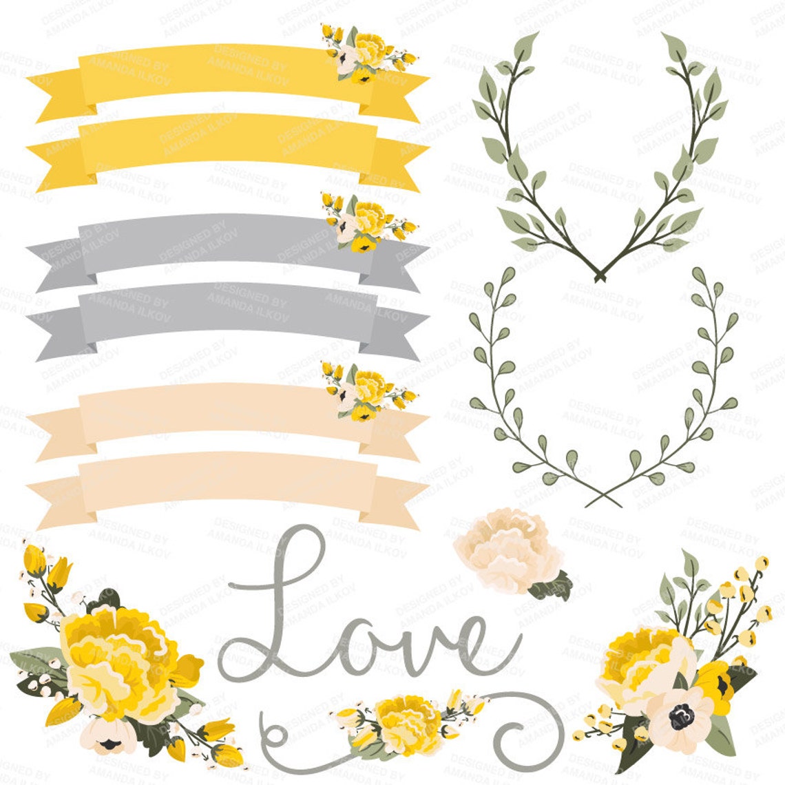 Premium Wedding Floral Clipart & Vectors Sunshine Yellow - Etsy