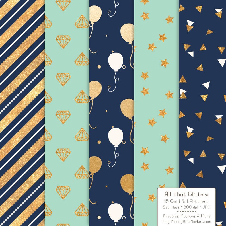 Premium Gold Foil Navy & Mint Digital Papers - Party Patterns, Party ...