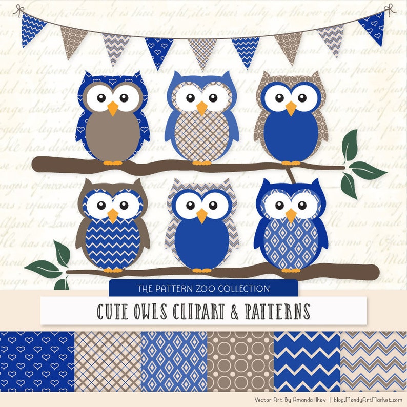 Patterned Royal Blue Owls Clipart and Digital Papers Blue | Etsy