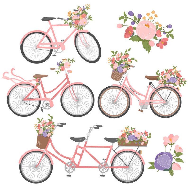 Emma Floral Bicycle Clipart & Vectors in Wildflowers Pink | Etsy