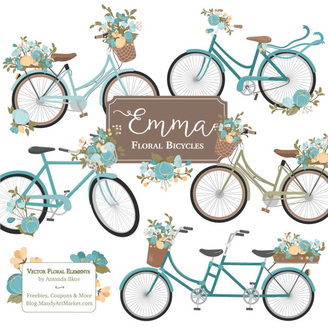 Emma Floral Bicycle Clipart & Vectors in Vintage Blue - Rose Bicycles ...