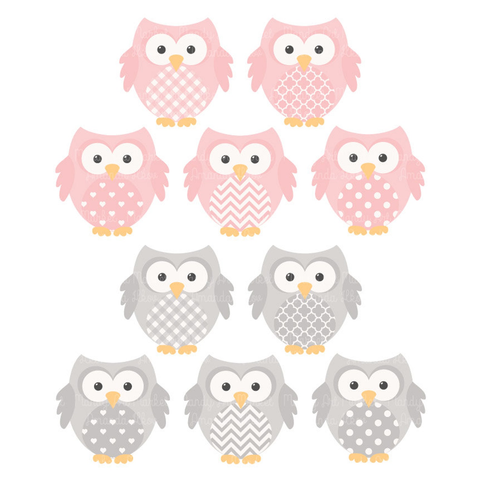 Premium Owl Clipart, Vectors & Digital Papers in Soft Pink With Grey ...