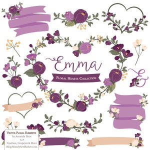 Emma Floral Heart Clipart & Vectors in Plum - Plum Flowers, Plum Floral ...