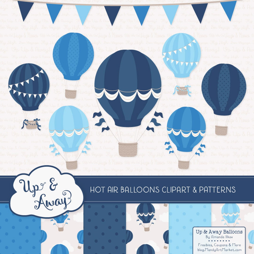 Shades of Blue Hot Air Balloons Clipart With Digital Papers - Blue Hot ...