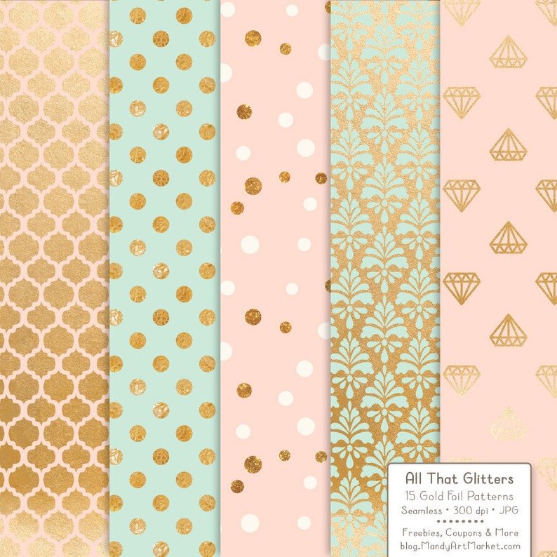 Premium Gold Foil Mint & Peach Digital Papers Party - Etsy