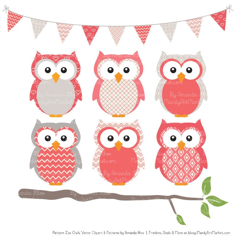 Patterned Coral Owls Clipart and Digital Papers - Coral Owl Clipart ...