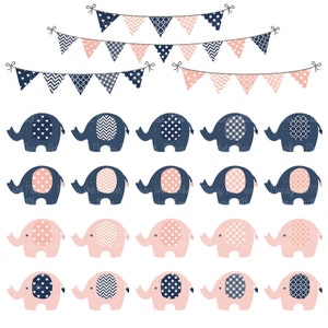 Premium Elephant Clipart, Vectors & Digital Papers in Navy and Blush ...